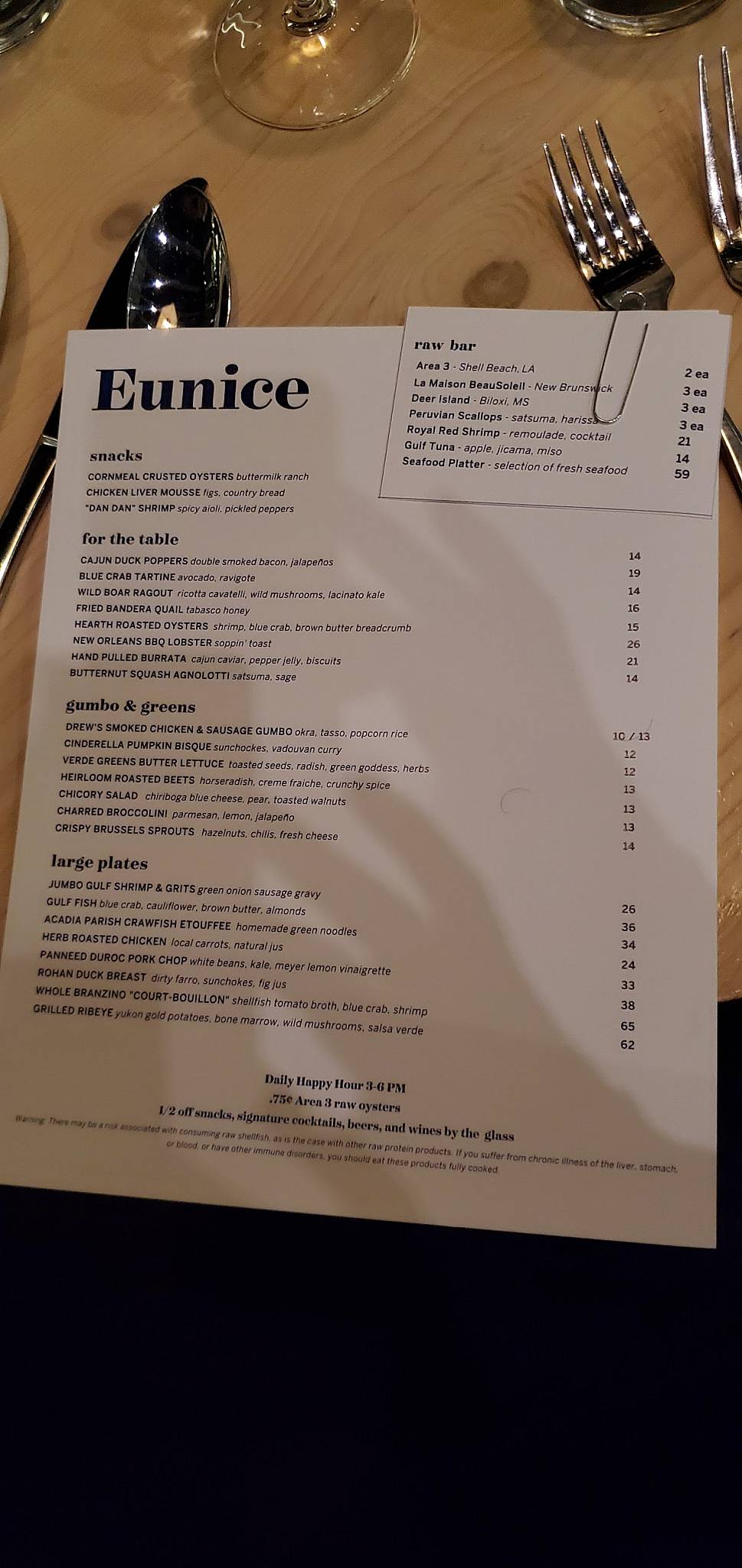 Menu at Eunice restaurant, Houston