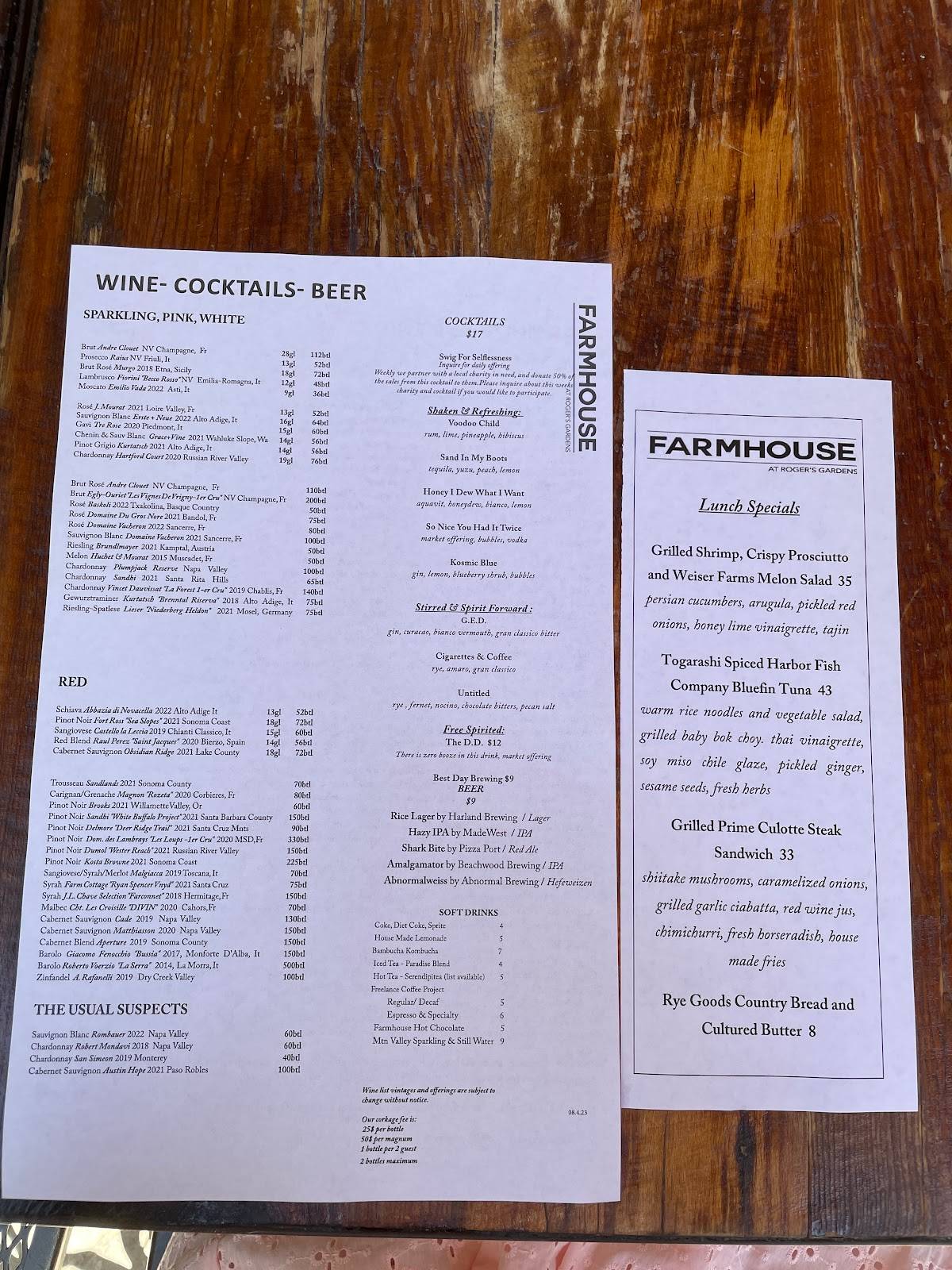 Menu at Farmhouse at Roger's Gardens restaurant, Newport Beach