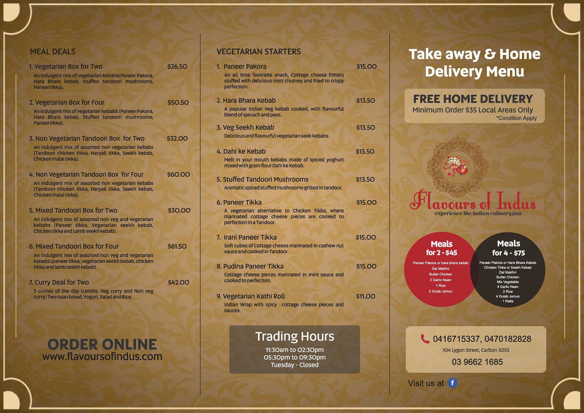 Menu at Flavours of Indus Indian Restaurant, Carlton