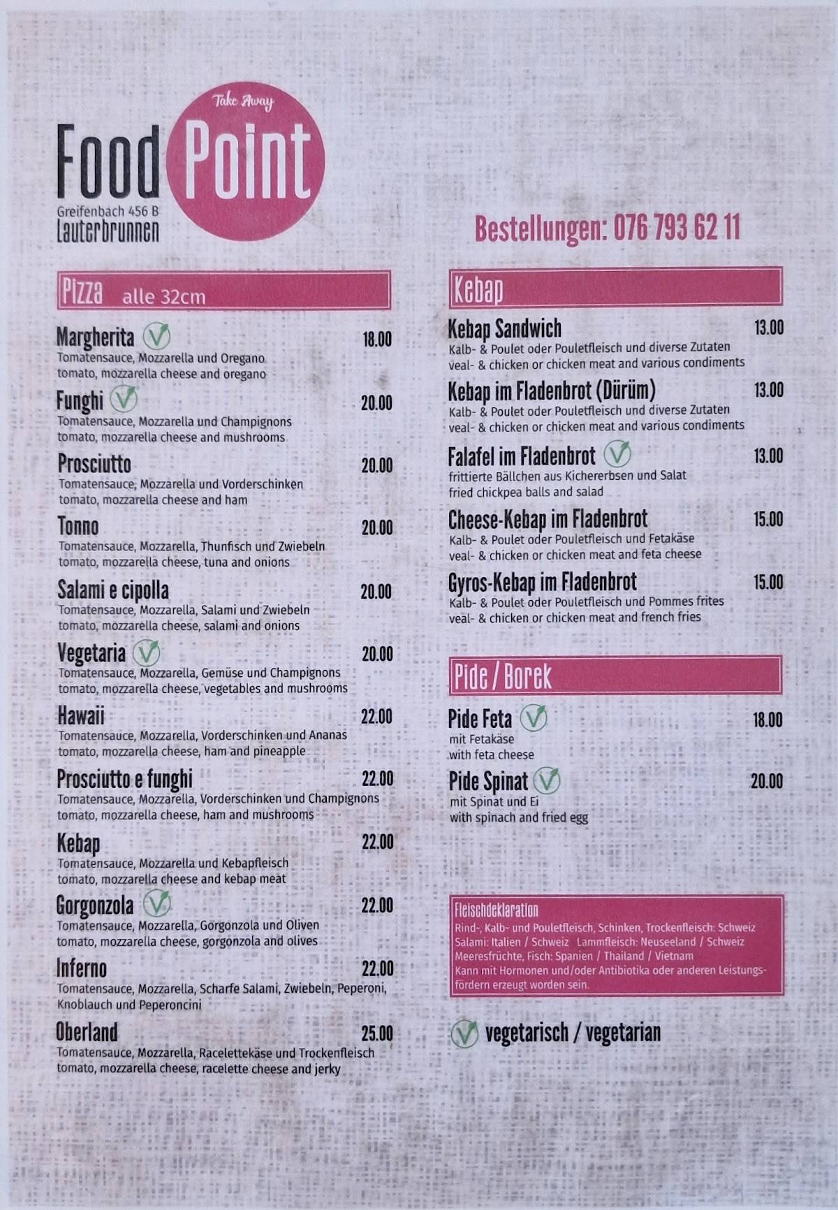 Menu at Food Point Kebap Lauterbrunnen, Lauterbrunnen