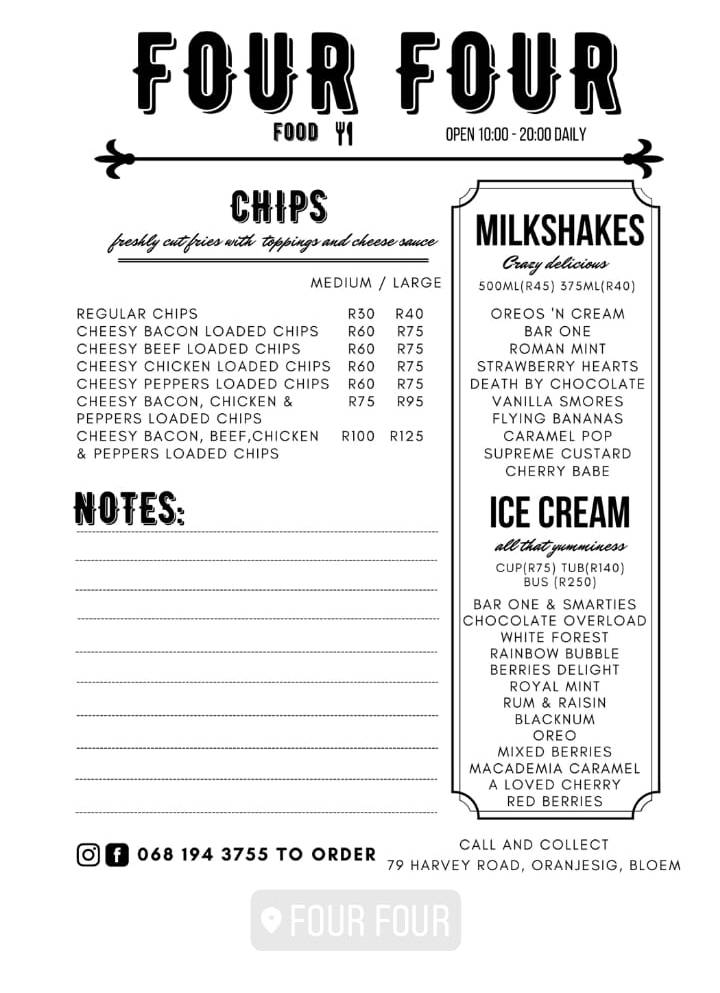 Menu at Four Four Bar & Restaurant, Bloemfontein