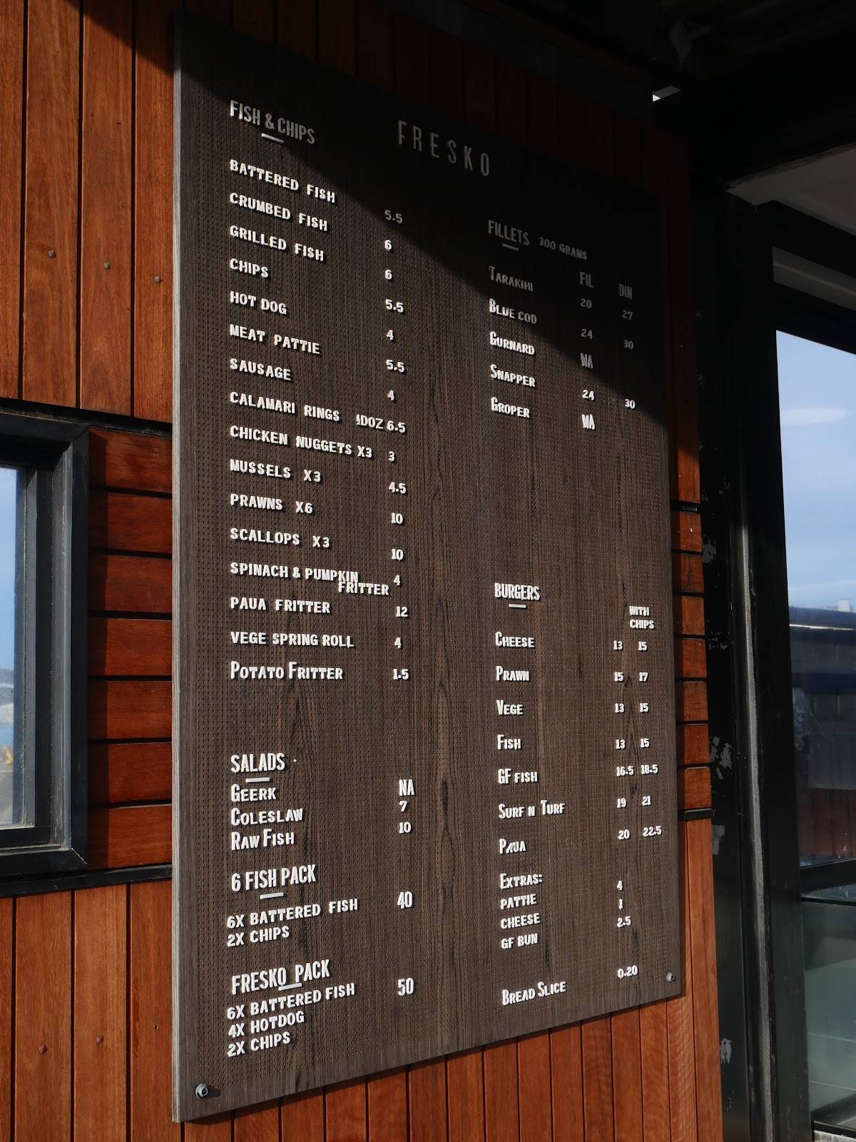 Menu at Fresko Fish & Chips / Fish Market restaurant, Wellington