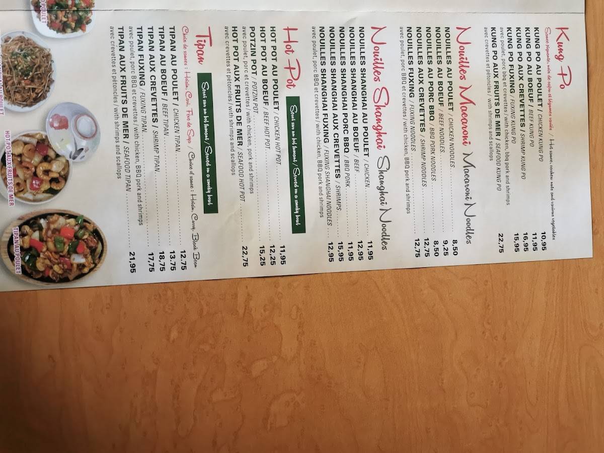 Menu au Restaurant Fu Xing, Rivière-du-Loup