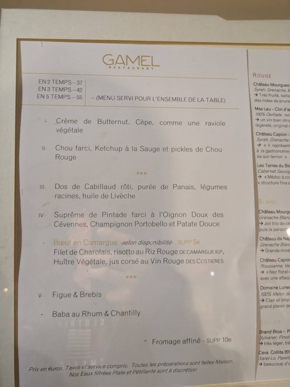 Menu au GAMEL Restaurant, Nimes
