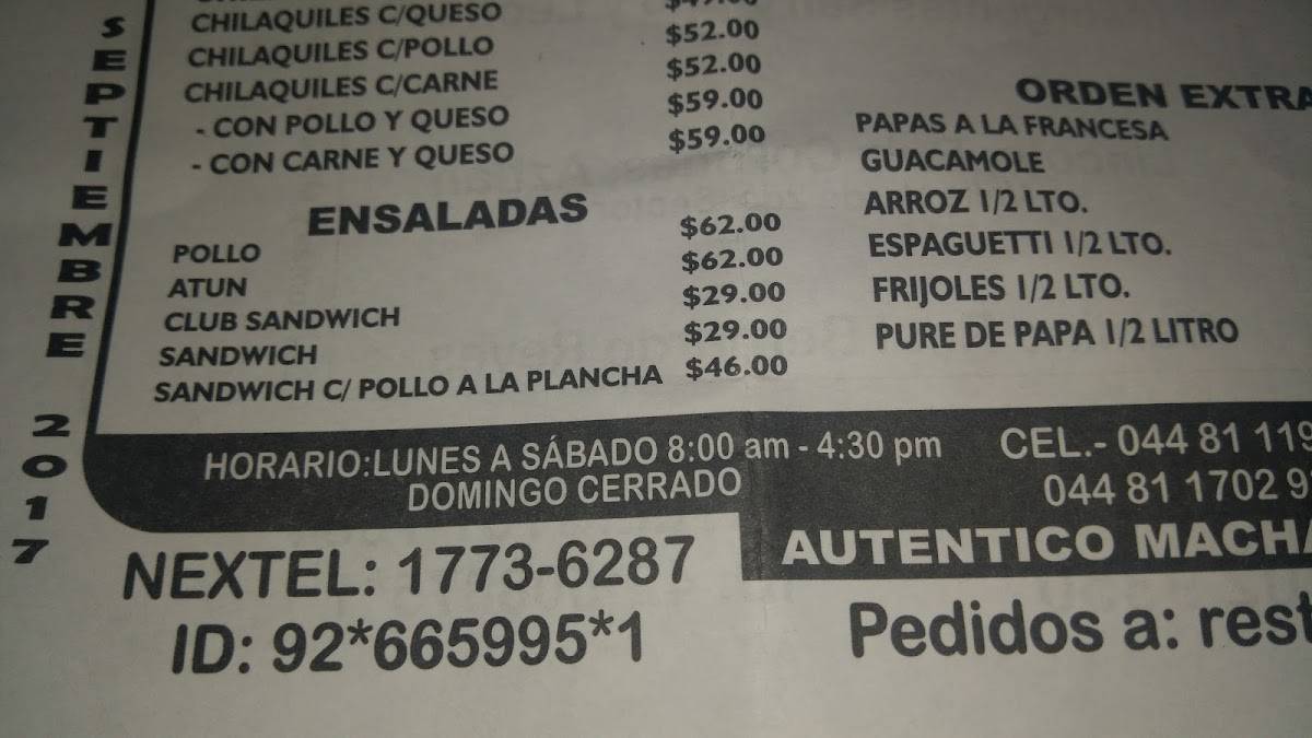 Carta de Restaurant Génesis, Monterrey