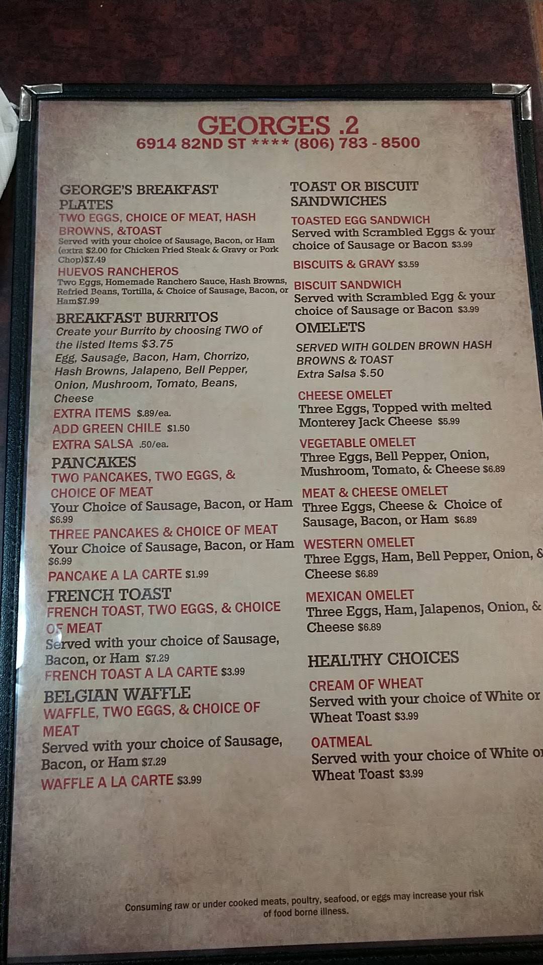 Menu at George's Restaurant, Lubbock, 82nd St A