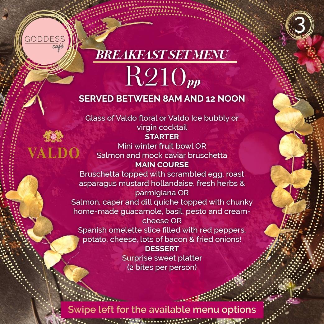 Menu at Goddess Cafe Waterkloof, Pretoria