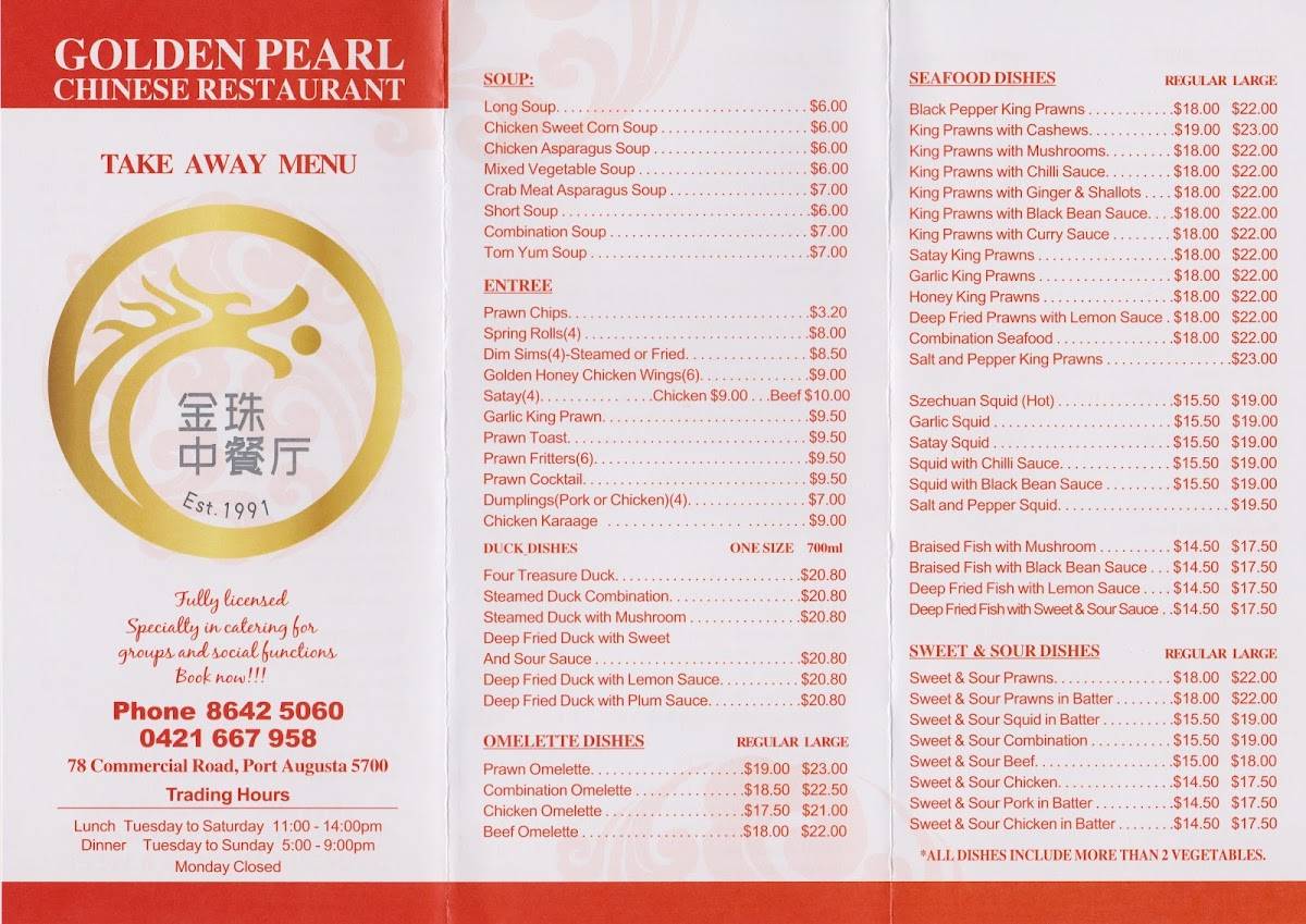 Menu at Golden Pearl Chinese Restaurant and Takeaway, Port Augusta