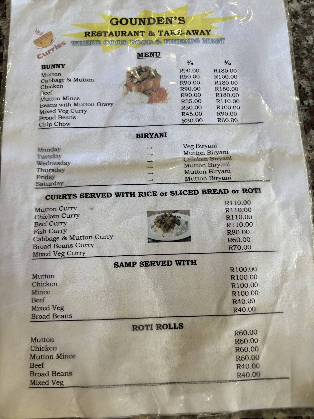 Menu at Gounden's Restaurant & Take Away, Durban