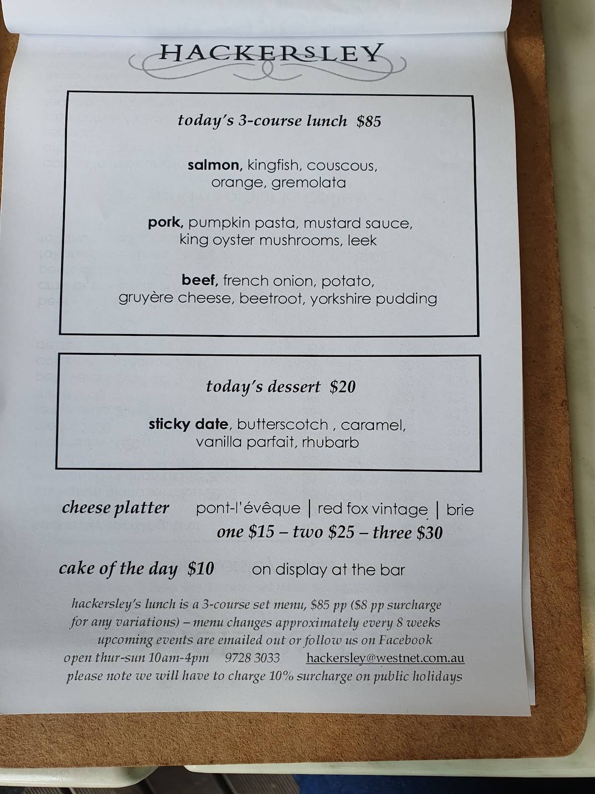 Menu at Hackersley Estate Wines restaurant, Ferguson, Ferguson Rd