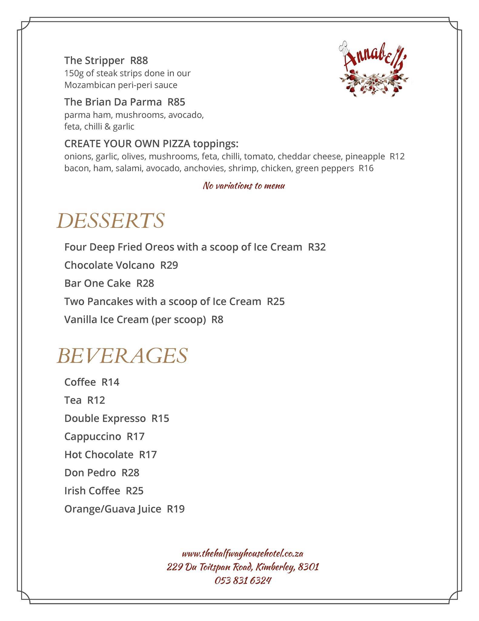 Menu at Halfway House Hotel Kimberley pub & bar, Kimberley