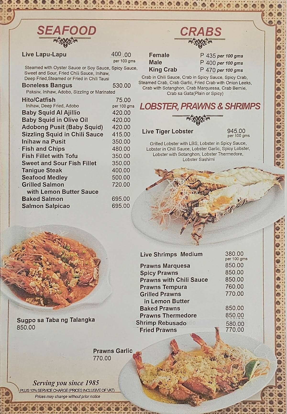 Menu at Harbor View Restaurant, Manila, South Dr