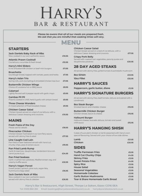 Menu at Harry's Bar & Restaurant, Thorpe-le-Soken, Clacton-on-Sea