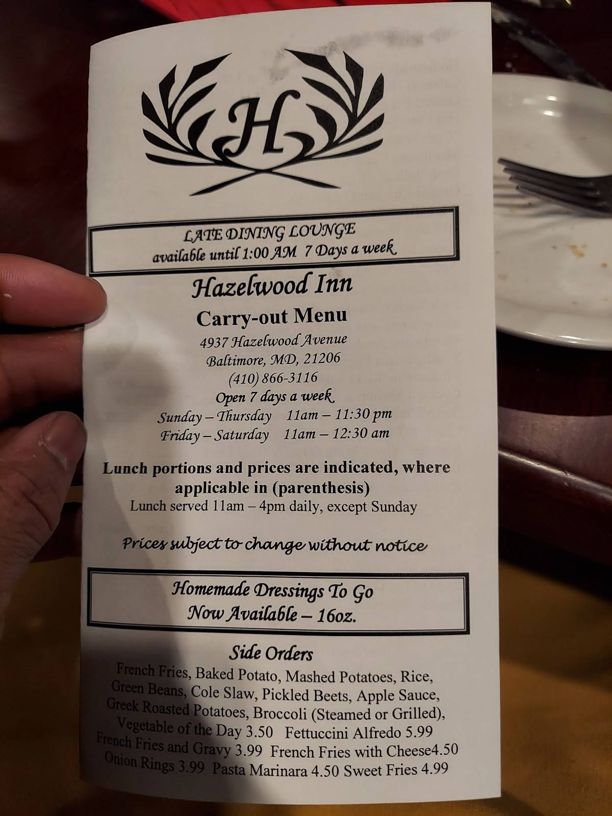 Menu at Hazelwood Inn restaurant, Baltimore