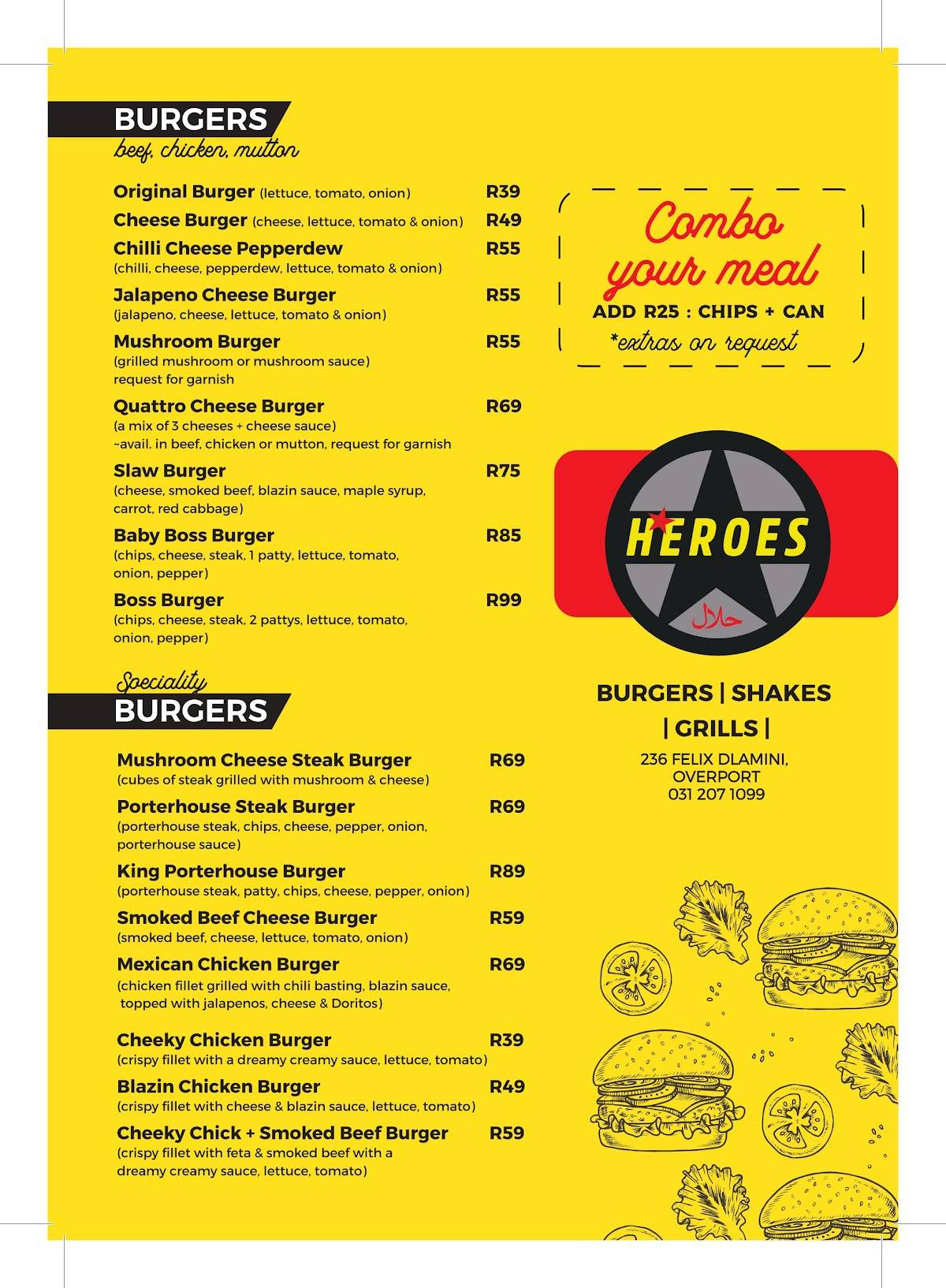 Menu at Heroes restaurant, Durban