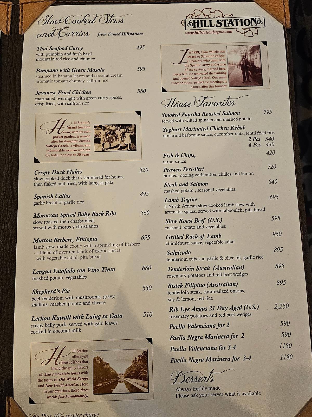 Menu at Hill Station restaurant, Baguio, Casa Vallejo