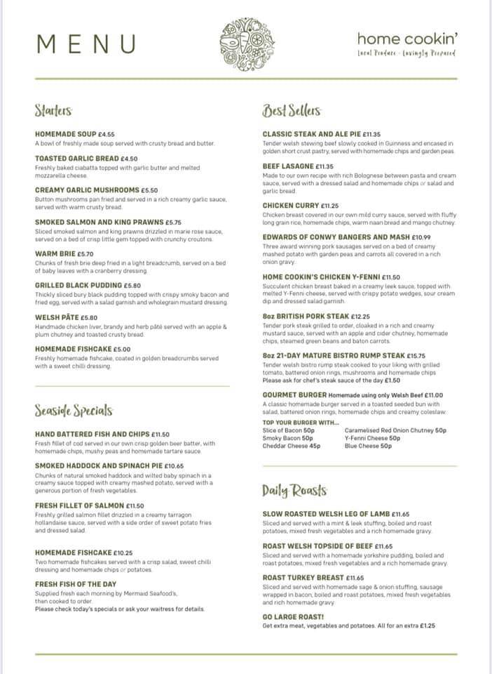 Menu at Home Cookin' restaurant, Llandudno