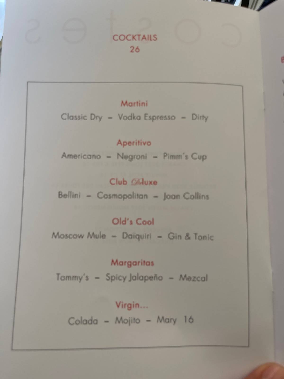 Menu at Hôtel Costes Restaurant, Paris