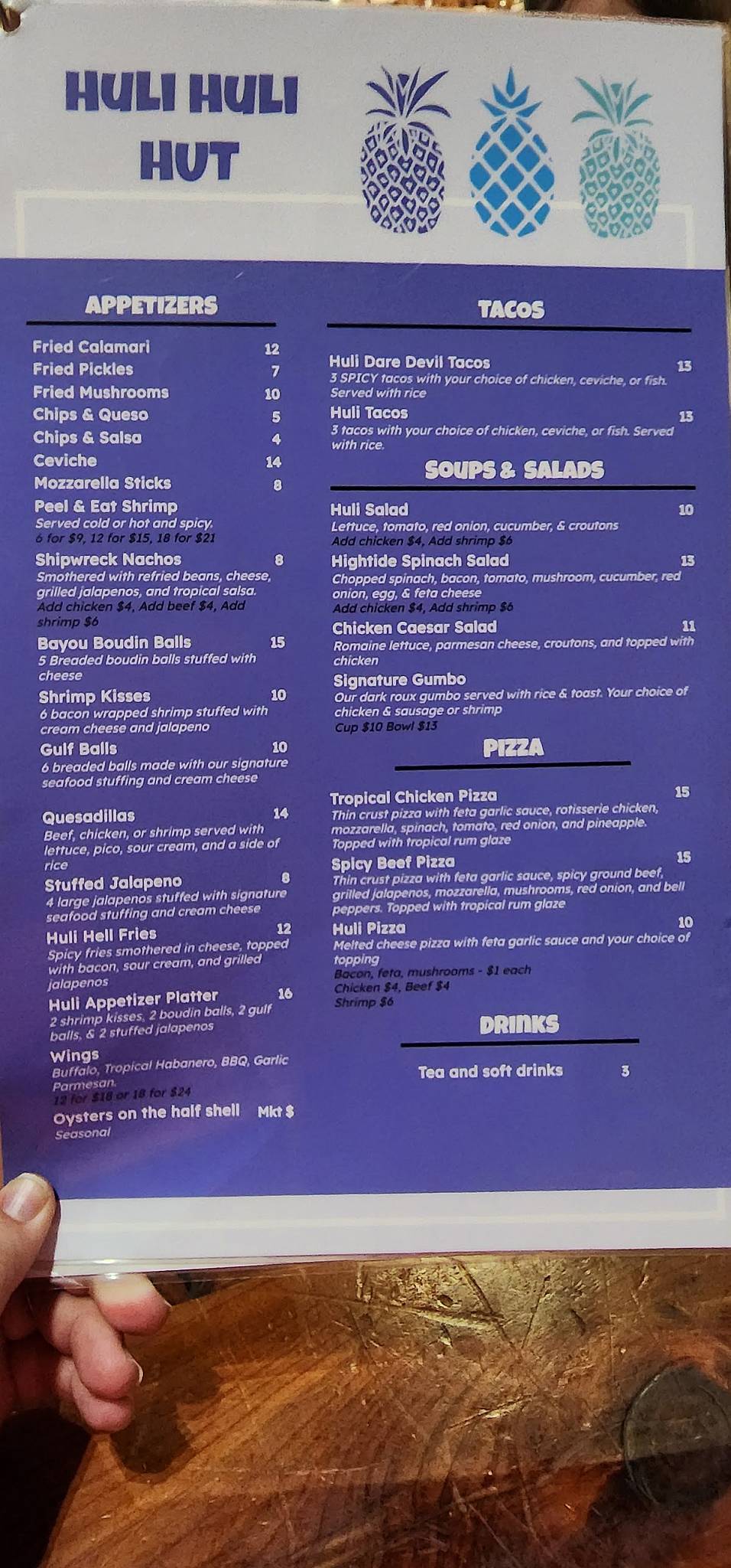 Menu at Huli Huli Hut restaurant, Galveston