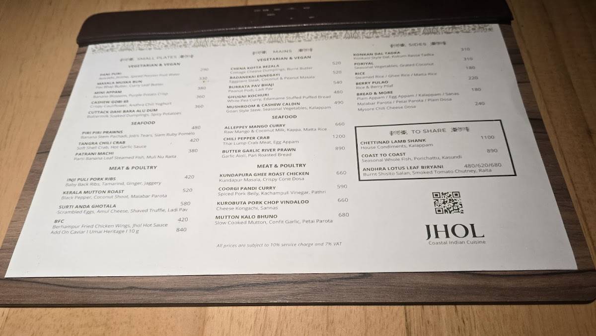 Menu at JHOL Coastal Indian Cuisine restaurant, Bangkok