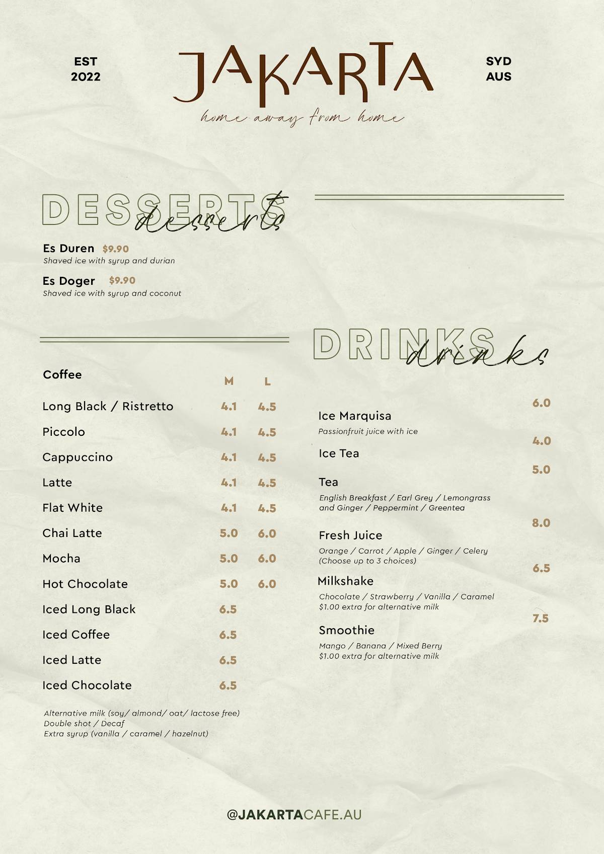 Menu at Jakarta Cafe and Restaurant, Crows Nest
