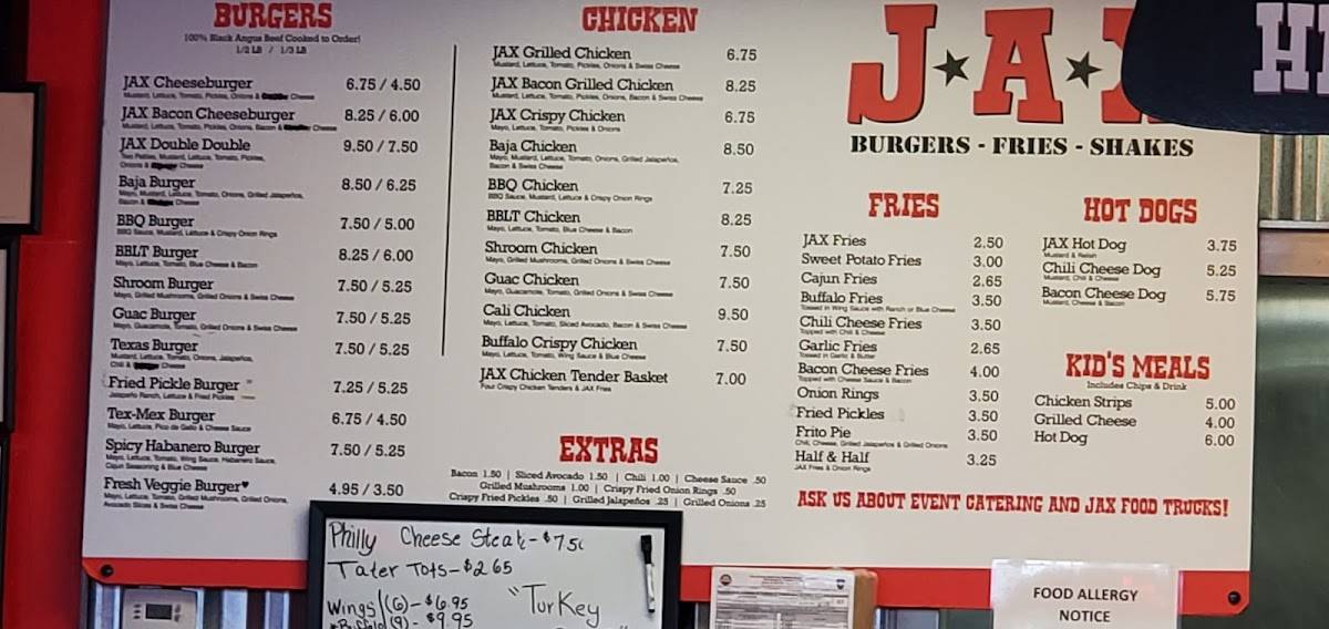 Menu at Jax Burger Fries & Shakes restaurant, Pearland, Broadway St