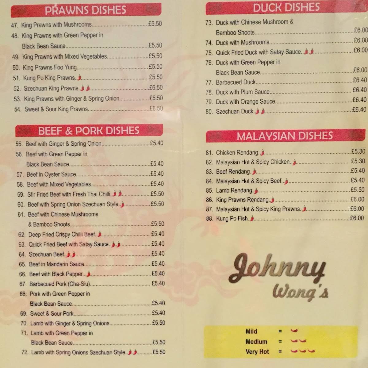 Menu at Johnny Wong's Chinese Restaurant (air Conditioning Restaurant ...