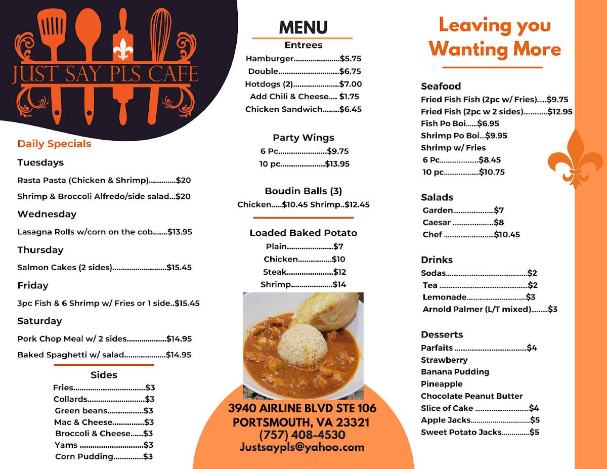 Menu at Just Say PLS Cafe, Chesapeake