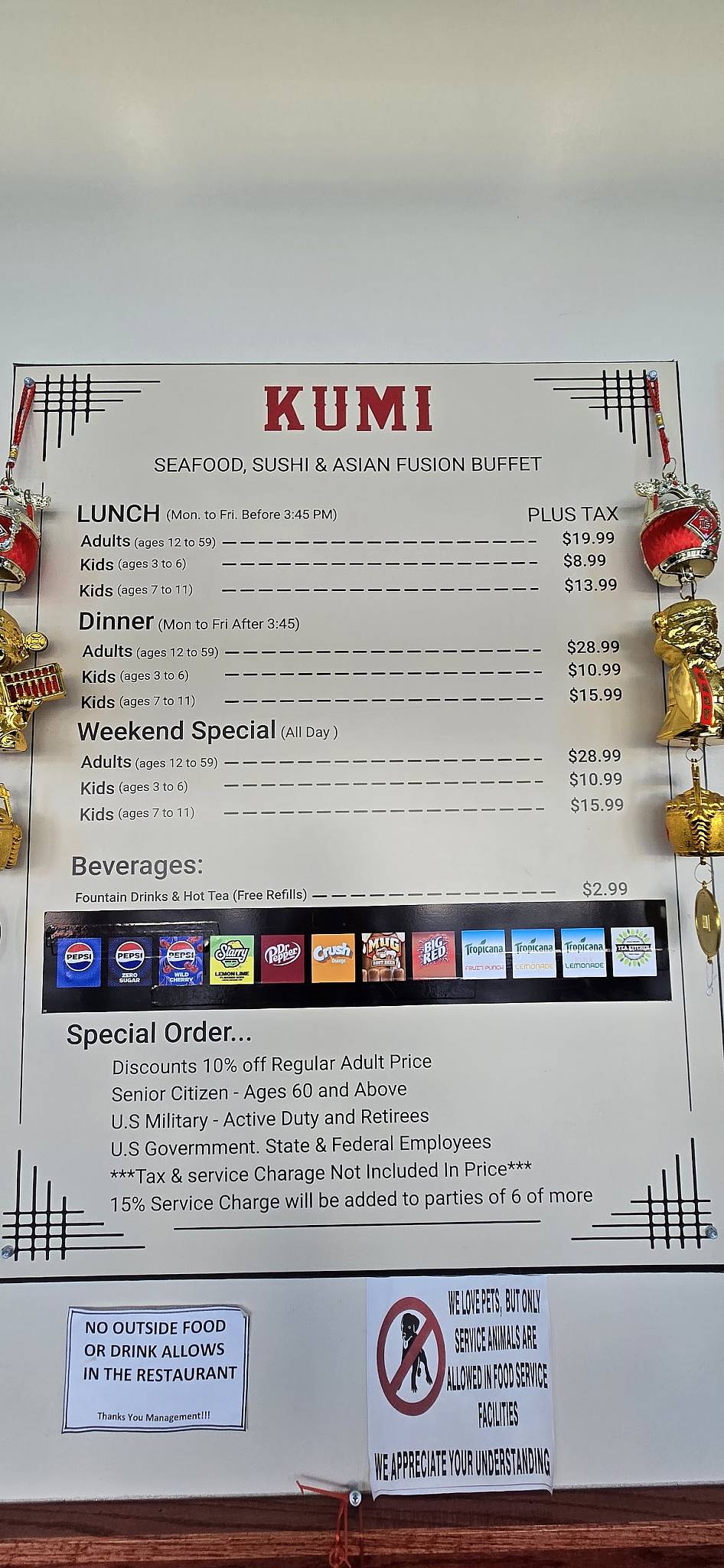 Menu at KUMI Seafood Sushi Chinese Buffet restaurant, San Antonio