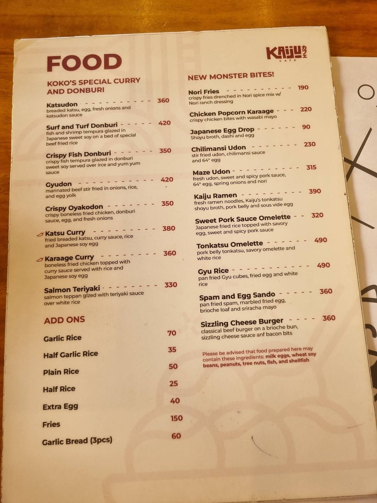 Menu at Kaiju Cafe, Lipa