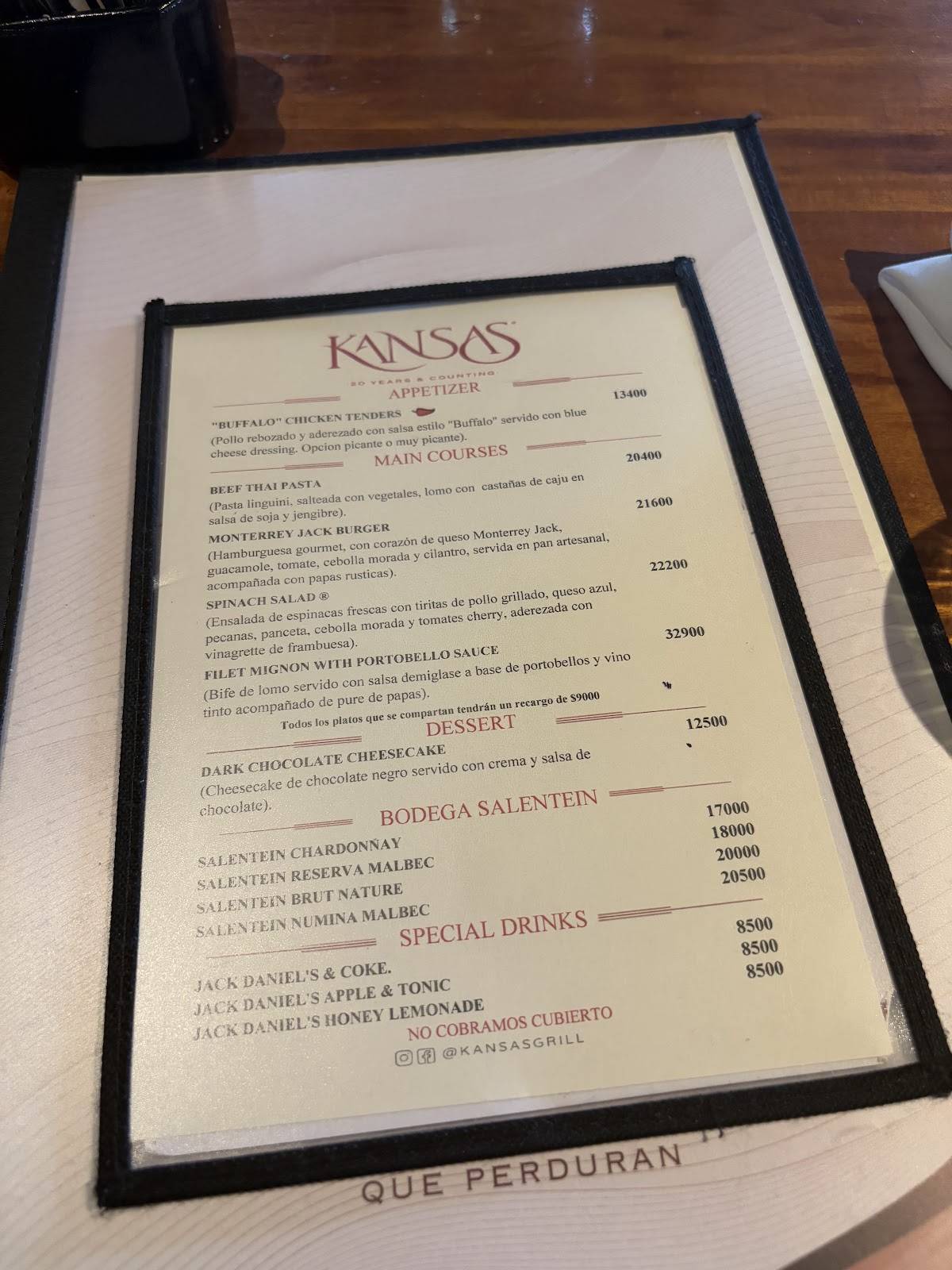 Carta del restaurante Kansas, Buenos Aires, Av. del Libertador 4625