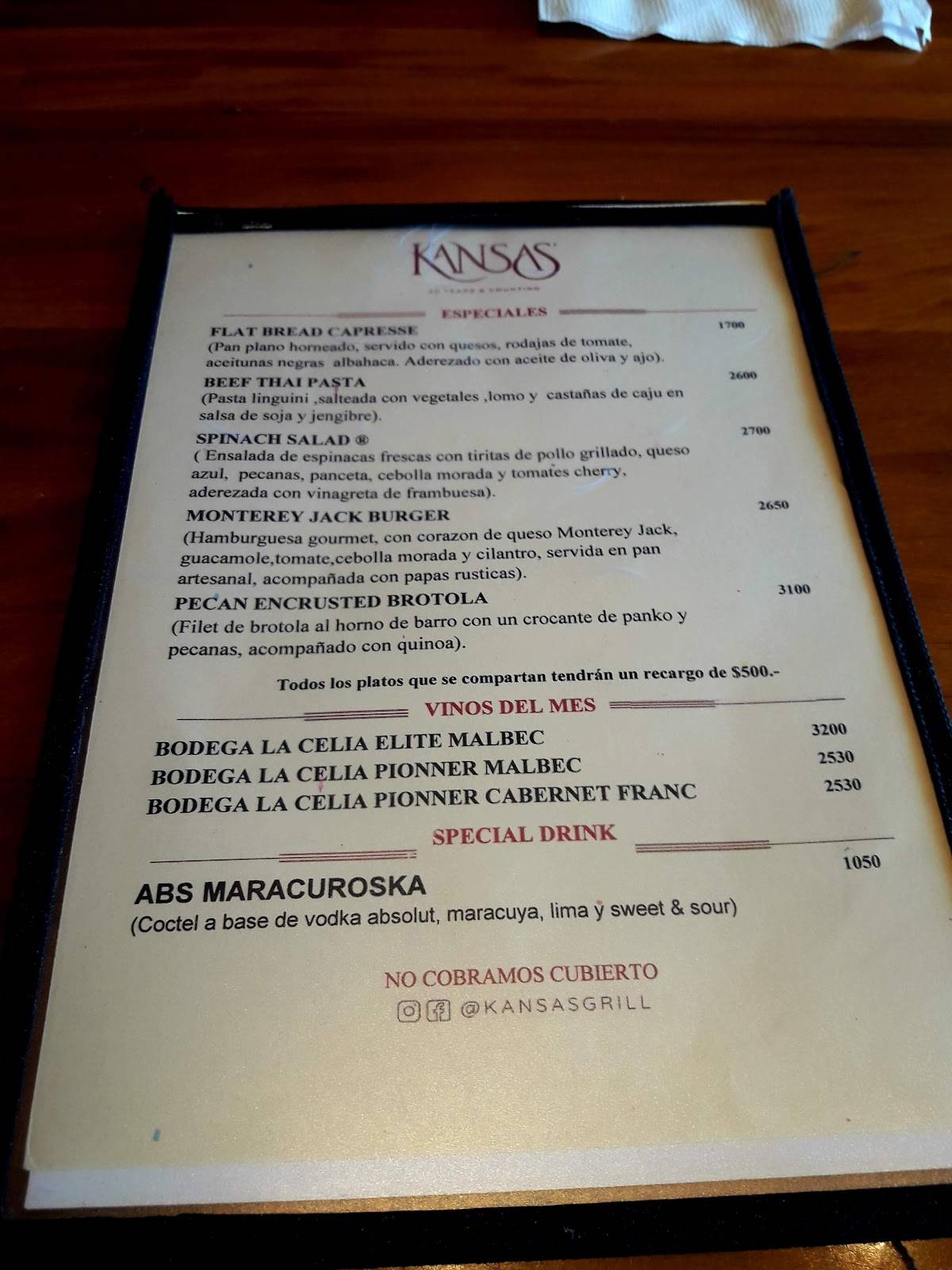 Carta del restaurante Kansas, Buenos Aires, Av. del Libertador 4625