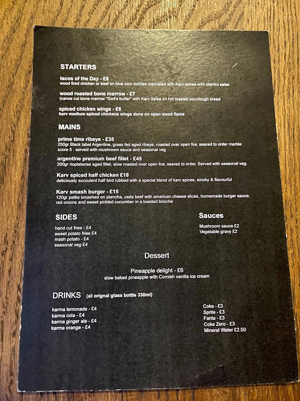 Menu at Karv Steakhouse, London