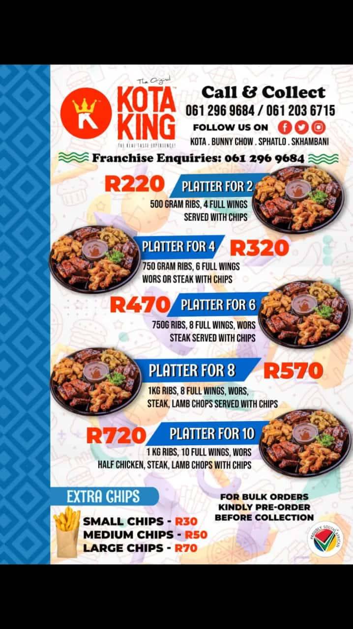Menu at Kota king Roadhouse restaurant, Soweto, Protea Blvd