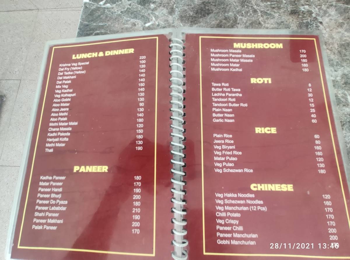 Menu at Krishna veg restaurant, India, NH 58
