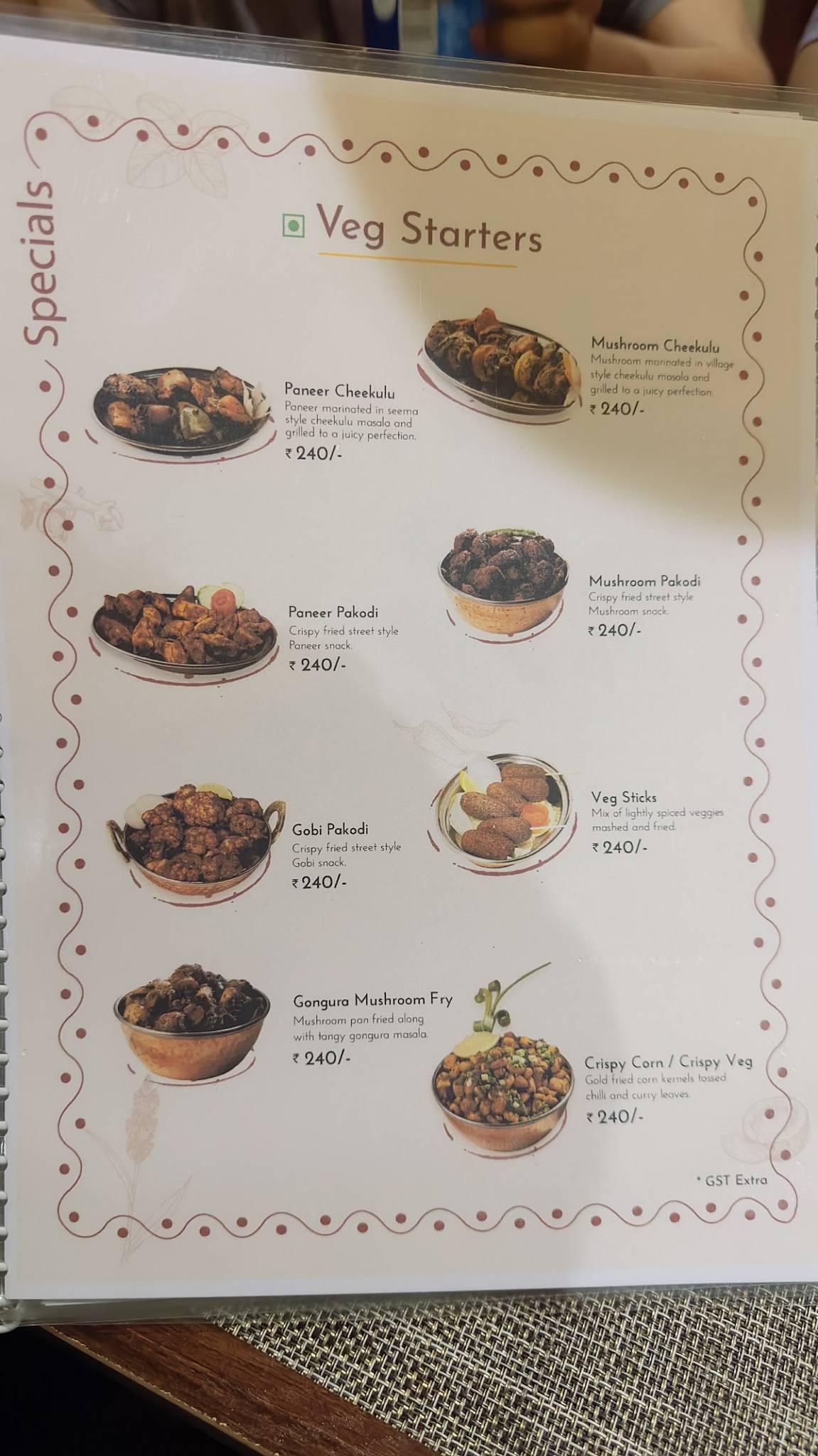 Menu at Kritunga, Kakinada