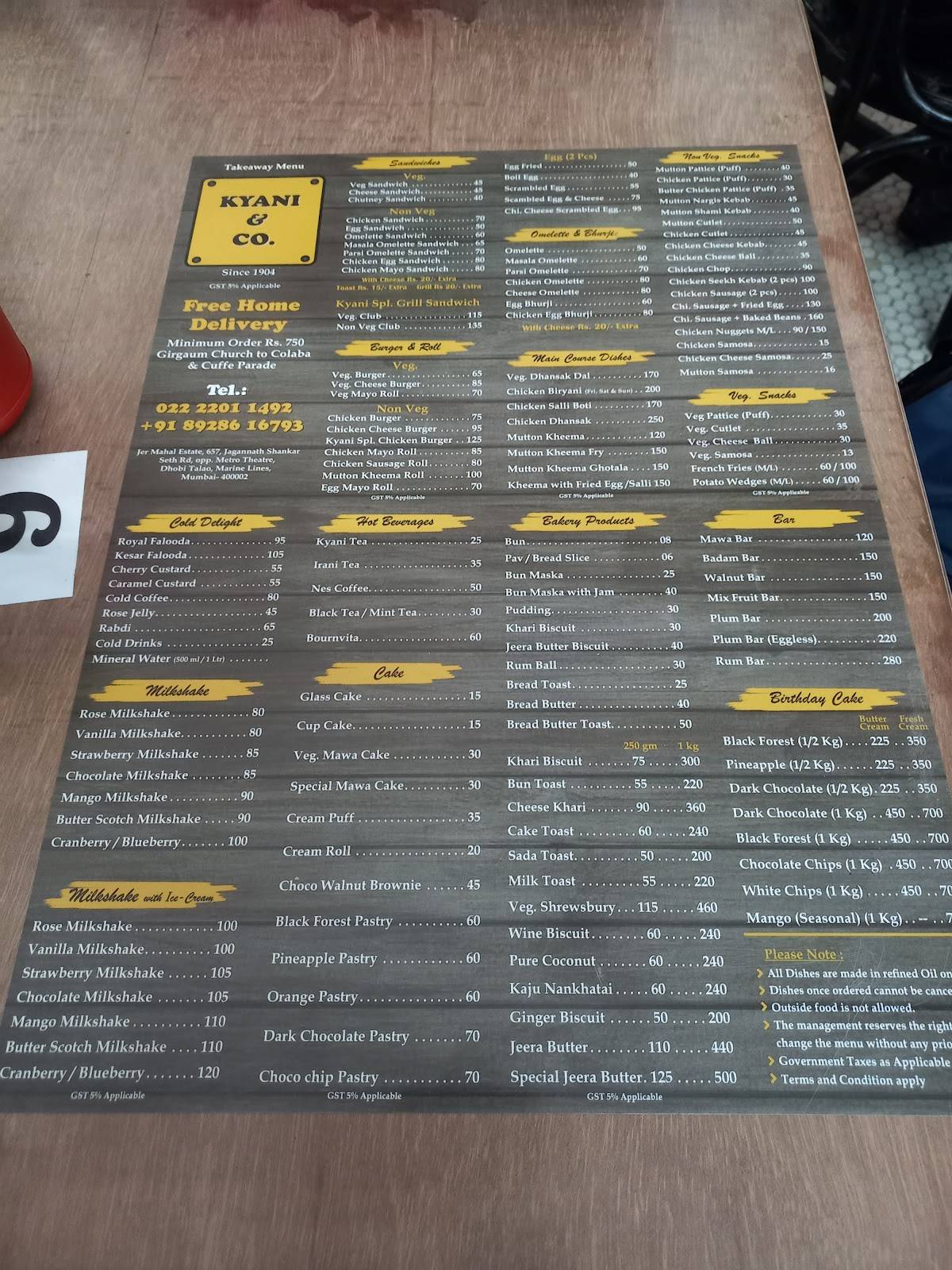 Menu at Kyani & Co. Legendary Irani Restaurant, Bakers, Mumbai