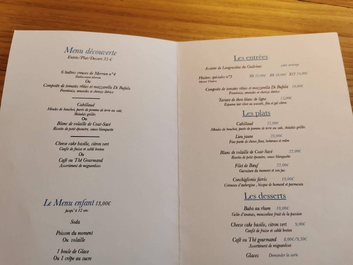 Menu au l'auberge de la mer restaurant, Moëlan-sur-Mer