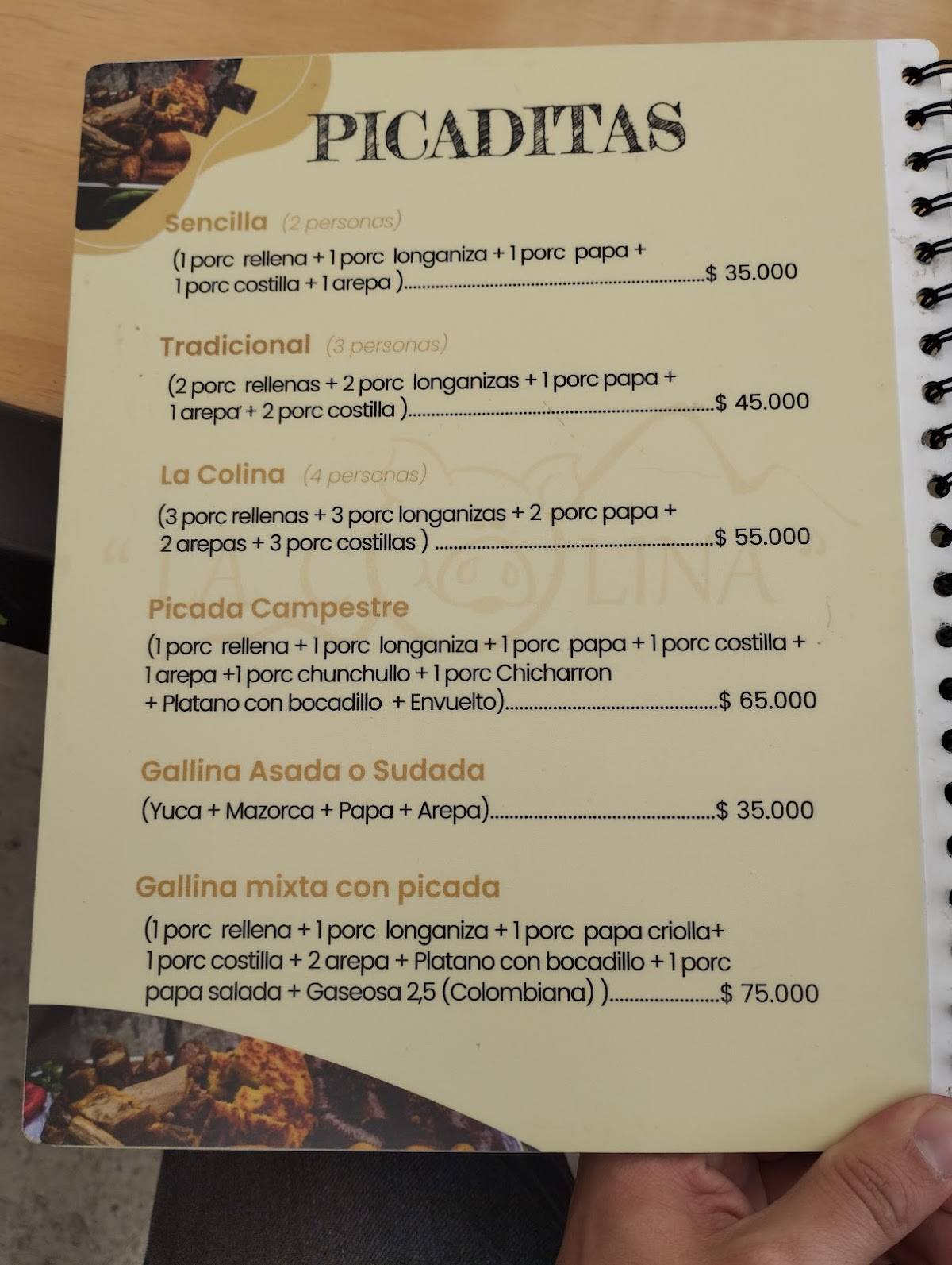 Carta de La Colina Parrilla Campestre, Colombia