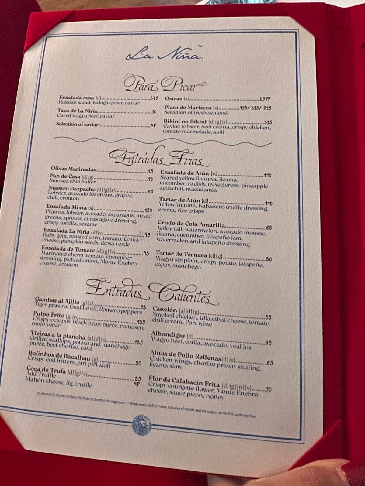 Menu at La Niña Dubai restaurant, Dubai
