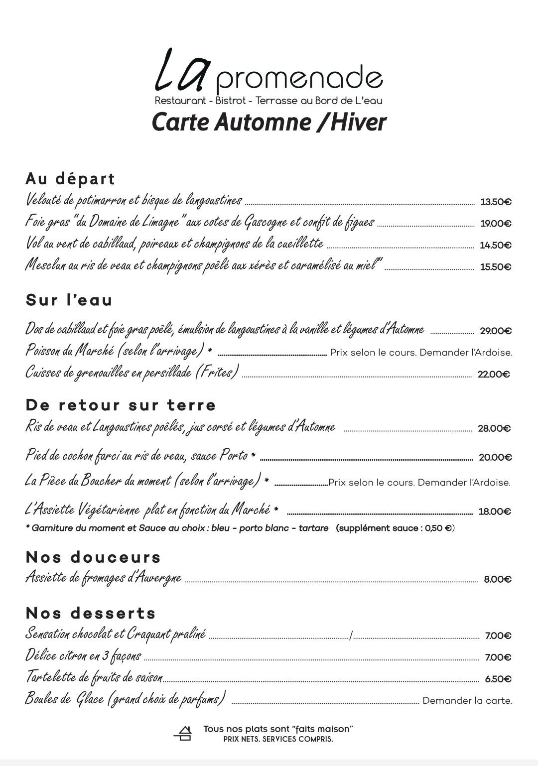 Menu au La Promenade restaurant, Abrest, 3 Route d'Hauterive