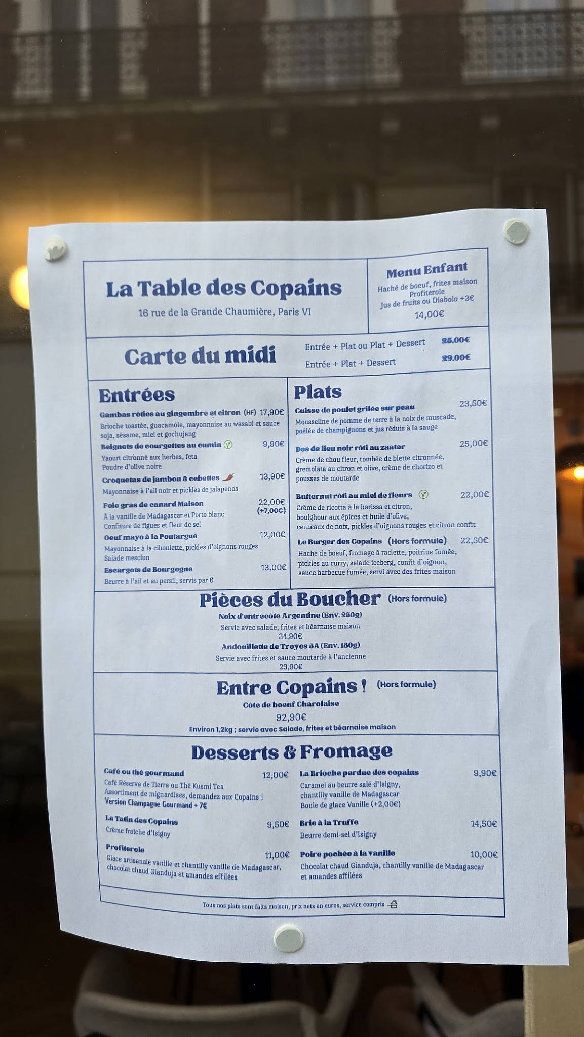 Carta del restaurante La Table des Copains - Cuisine Française, Paris
