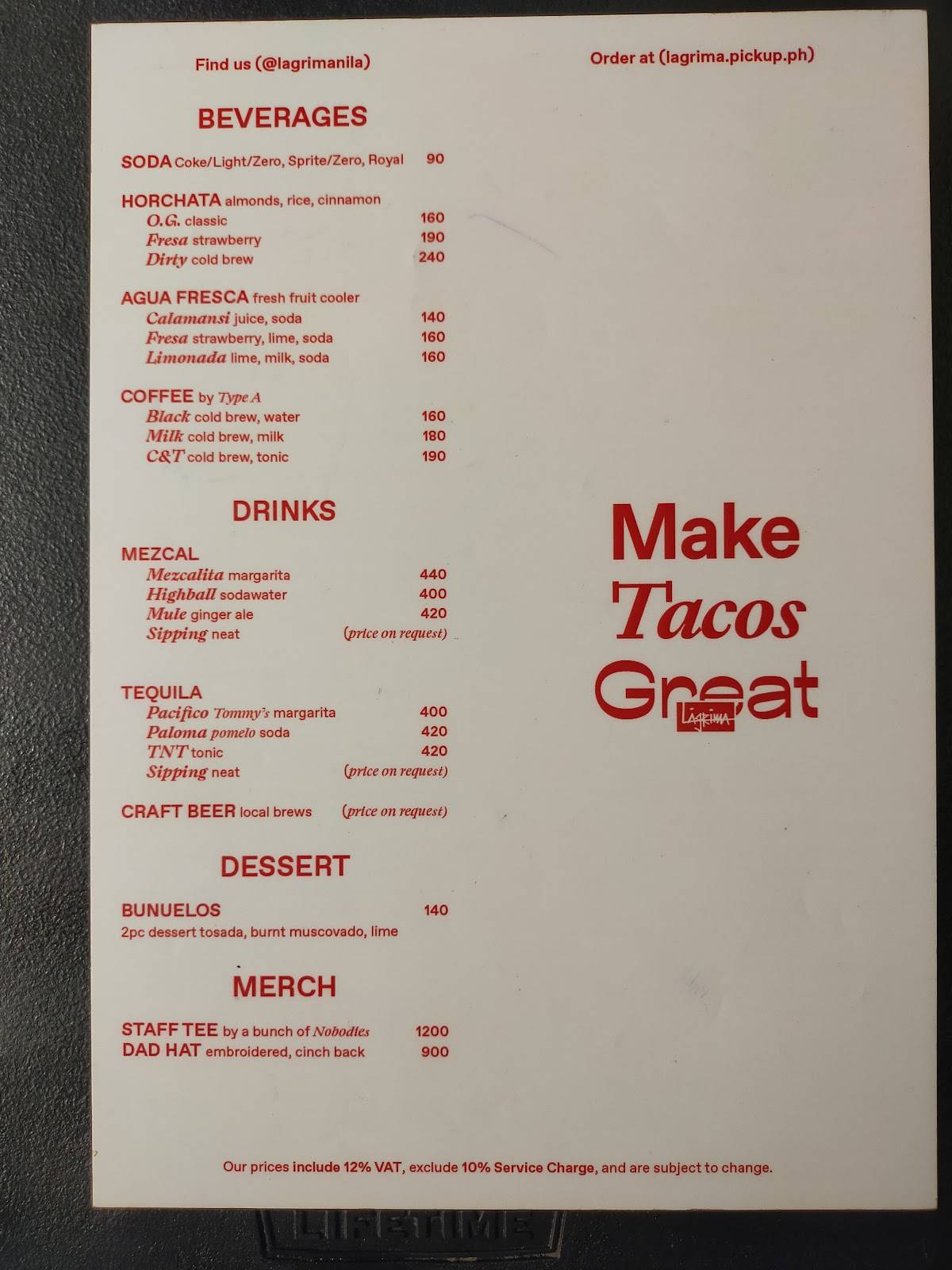 Menu at Lágrima San Juan restaurant, San Juan