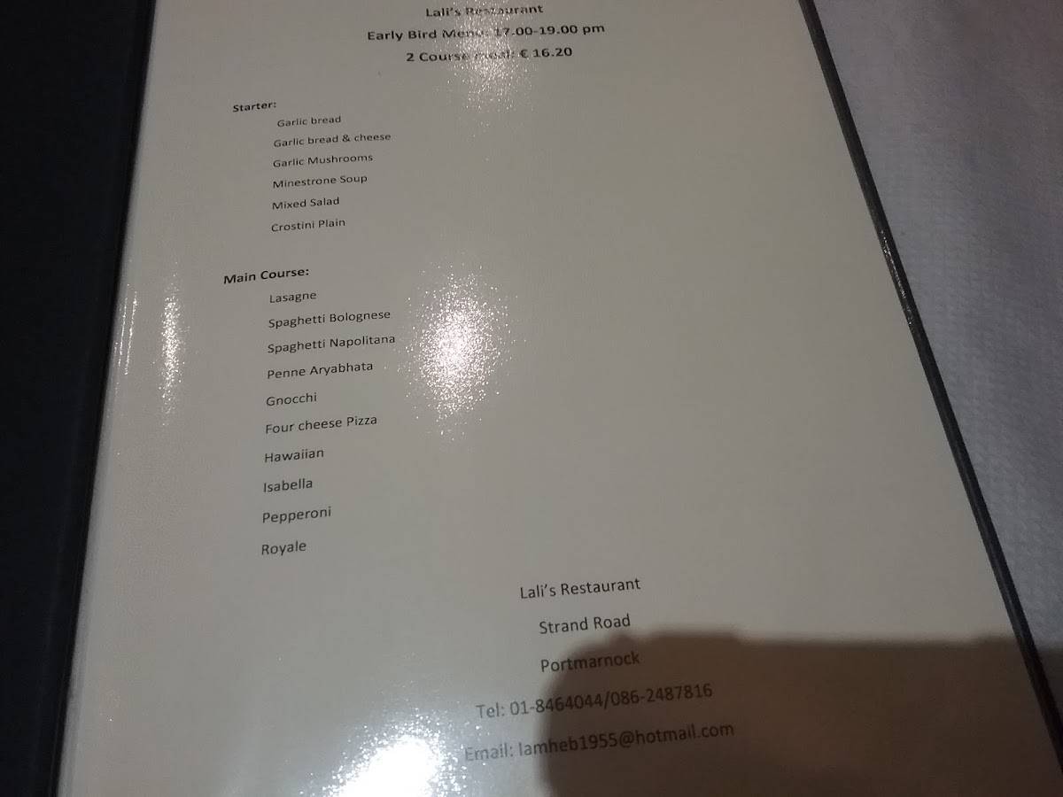 Menu at Lali's Restaurant Strand Road Portmarnock Co Dublin, Portmarnock