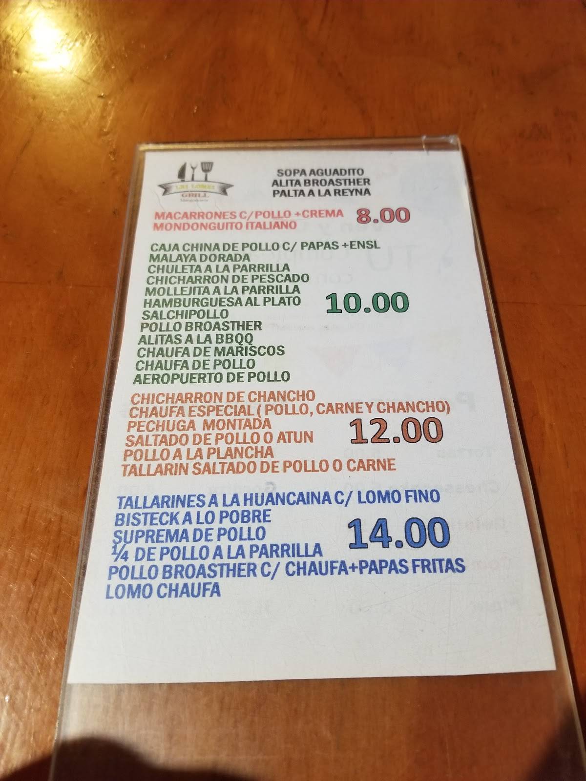 Carta de Restaurant Las Lomas Grill, Lima