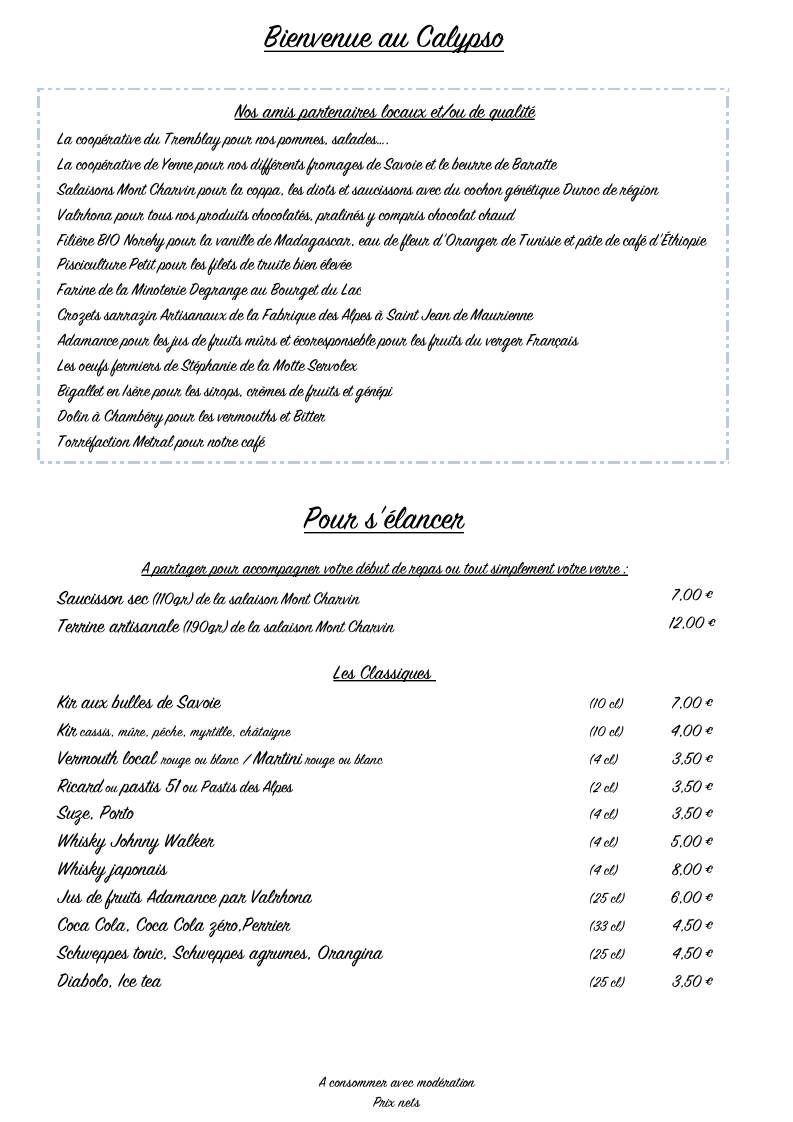 Menu au Restaurant Le Calypso, Le Bourget-du-Lac, 223 Bd du Lac