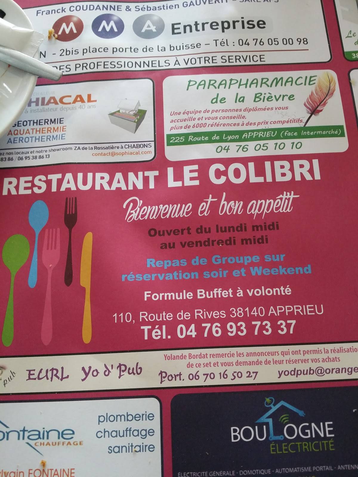 Menu au Le Colibri restaurant, Apprieu