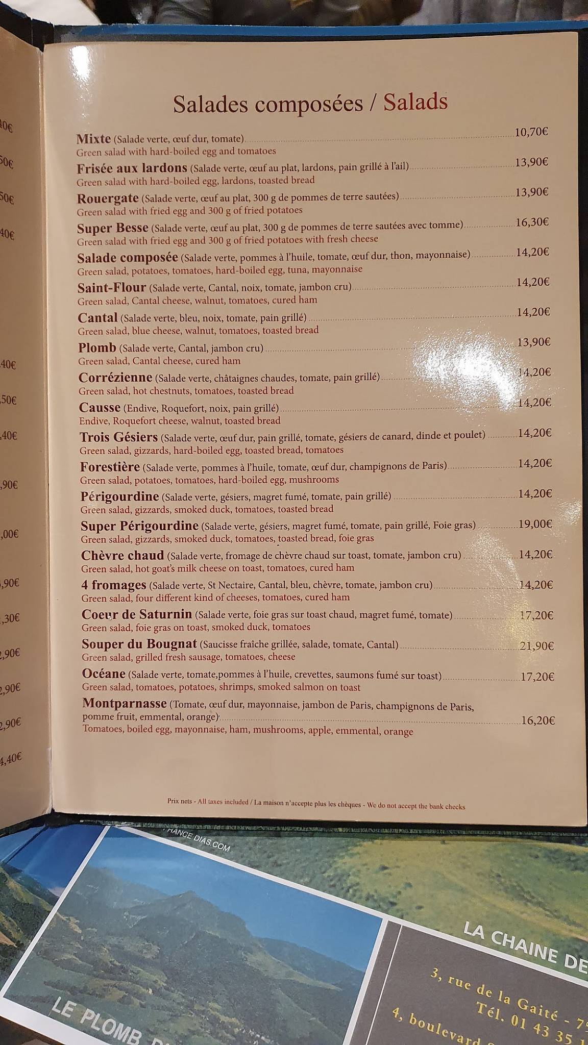 Menu au Restaurant Le Plomb du Cantal, Paris, 3 Rue de la Gaité
