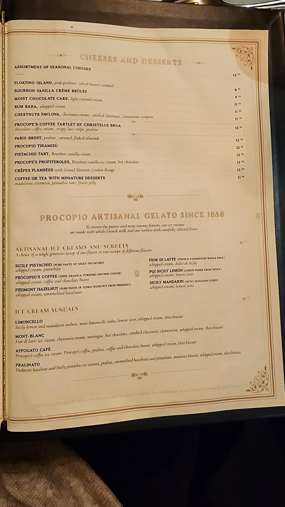 Menu at Le Procope restaurant, Paris, 13 Rue de l'Ancienne Comédie