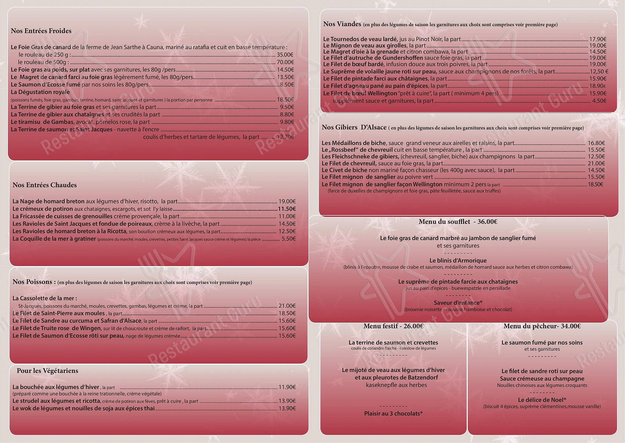 Menu au Le Soufflet restaurant, Gundershoffen